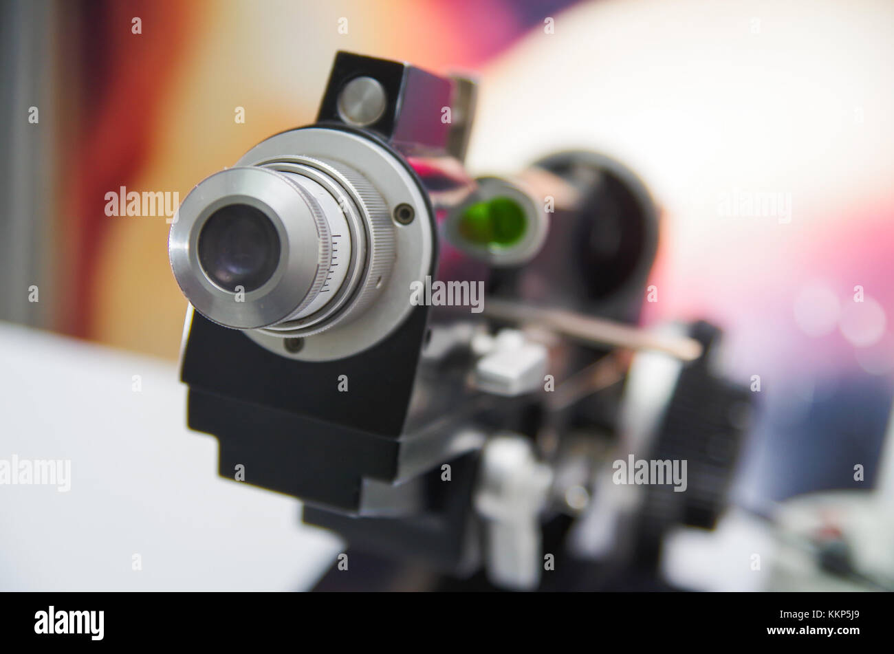 Close up of modern equipment, eyes exam in optical, in a blurred ...