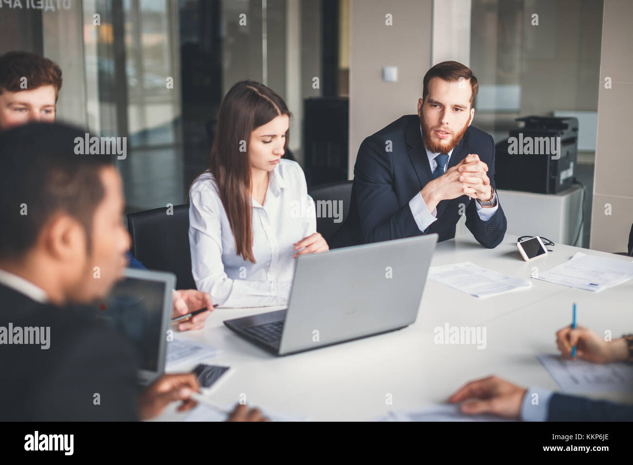 Beautiful young woman working using computer and smiling Stock Photo ...
