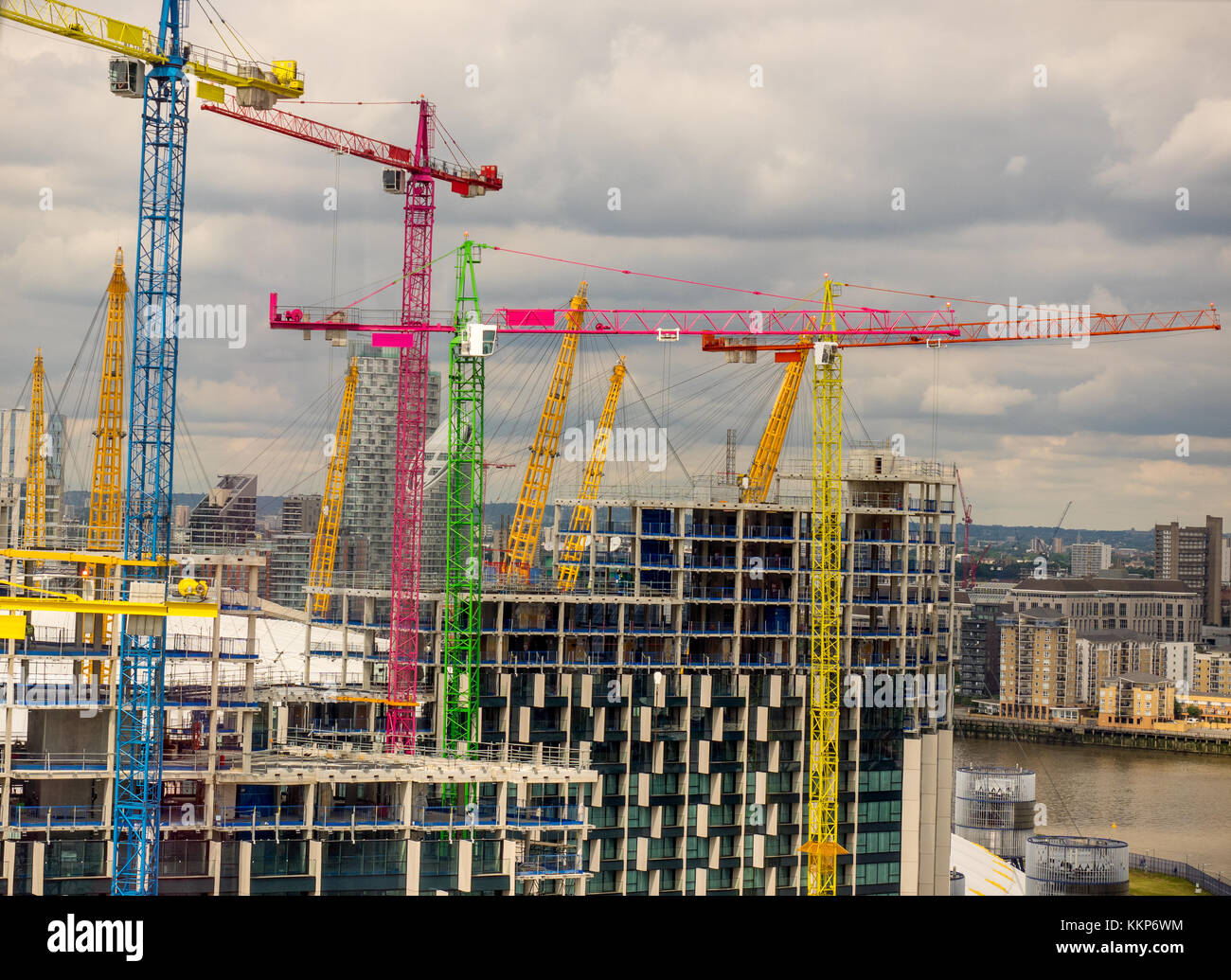 Colourful cranes along the River Thames waterfront - Greenwich ...