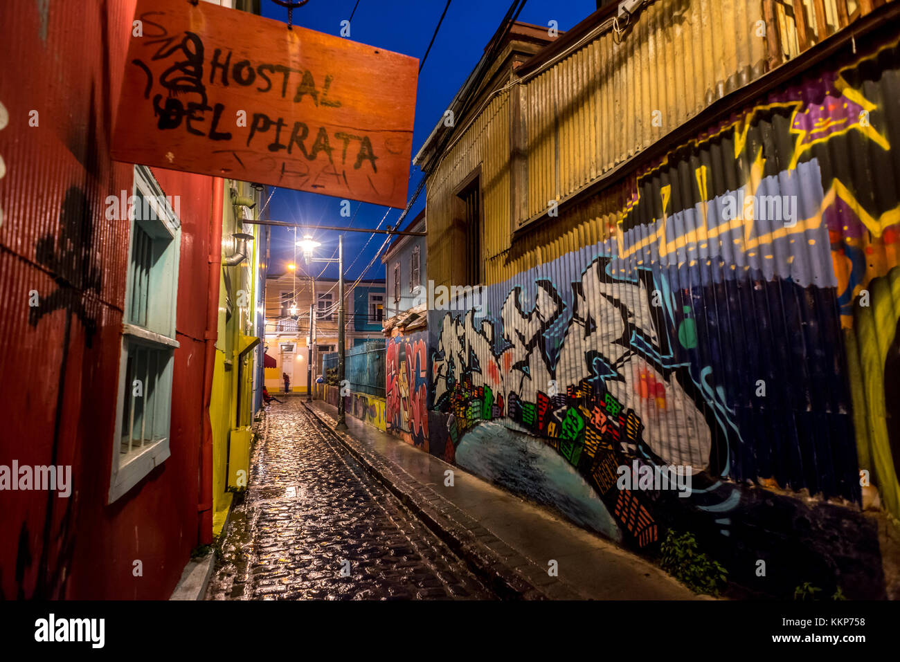 Street scene at night in Valparaiso, Chile Stock Photo - Alamy