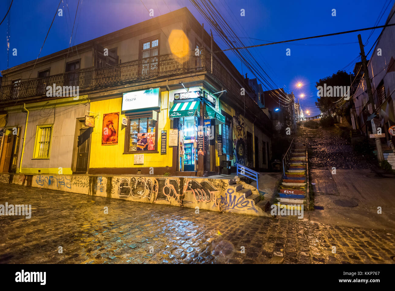 Street scene at night in Valparaiso, Chile Stock Photo - Alamy