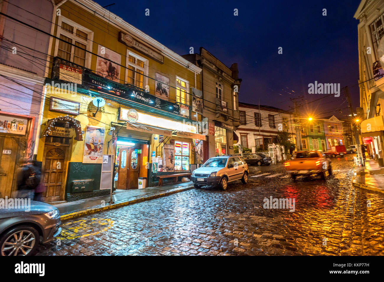 Street scene at night in Valparaiso, Chile Stock Photo - Alamy