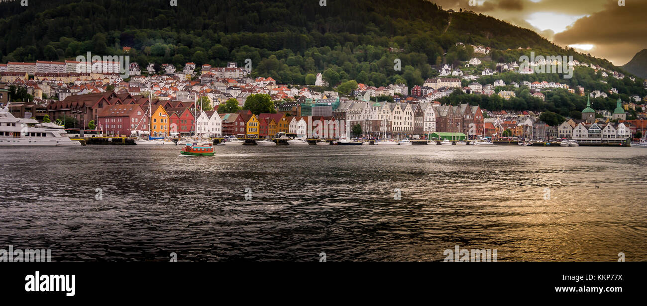 Last rays of sun over Bryggen, Bergen, Norway Stock Photo - Alamy