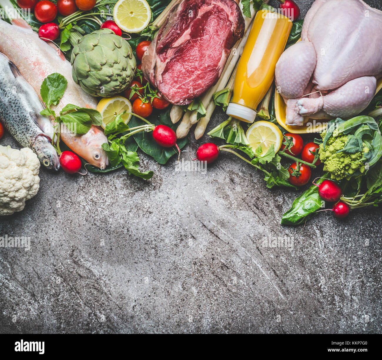 Various healthy organic balanced food ingredients : vegetables, fishes ...