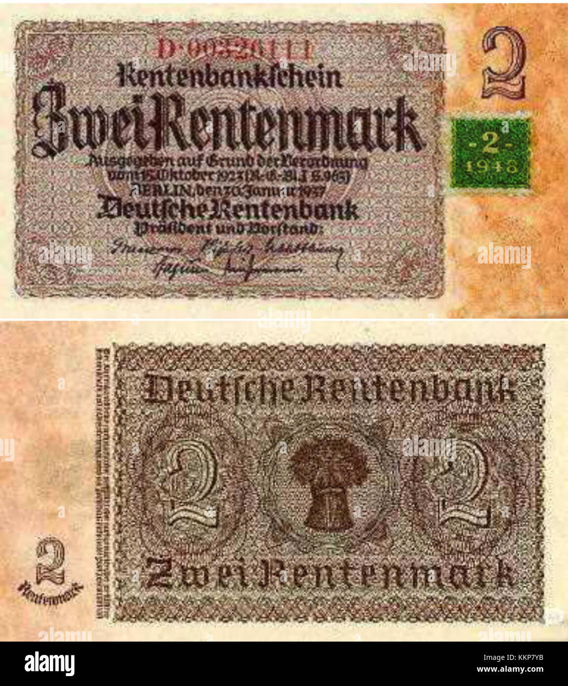 A 2 Rentenmark note featuring a postage stamp affixed to its surface ...