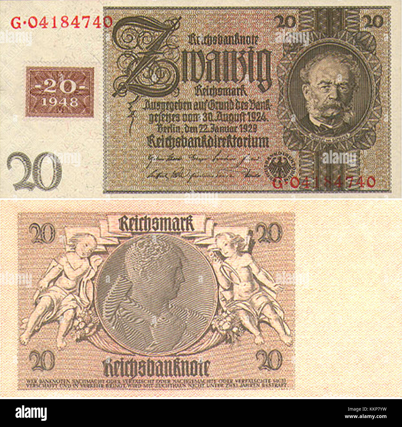 The 20 Reichsmark banknote, dated January 22, 1929, issued during the ...