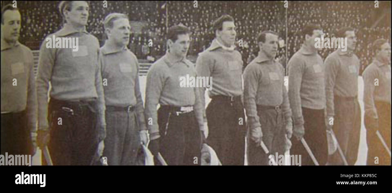 A historical photograph capturing a scene from a bandy match in 1947 ...
