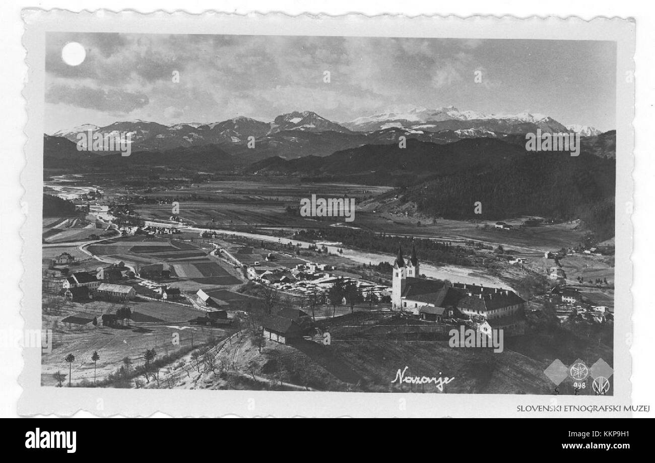 This postcard depicts a scenic view of Nazarje, a town in Slovenia. The ...