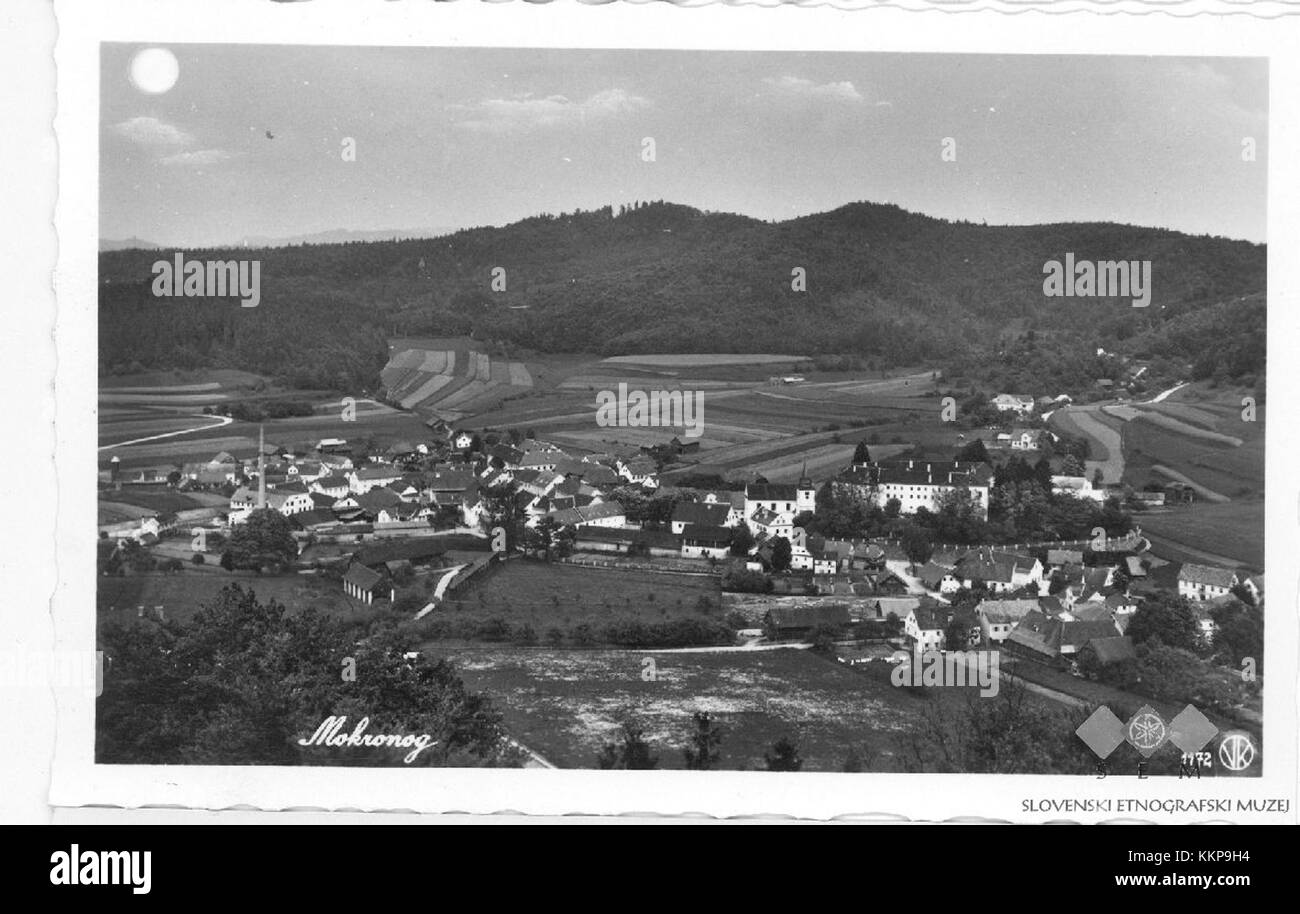 A vintage postcard depicting Mokronog, a village in Slovenia, known for ...