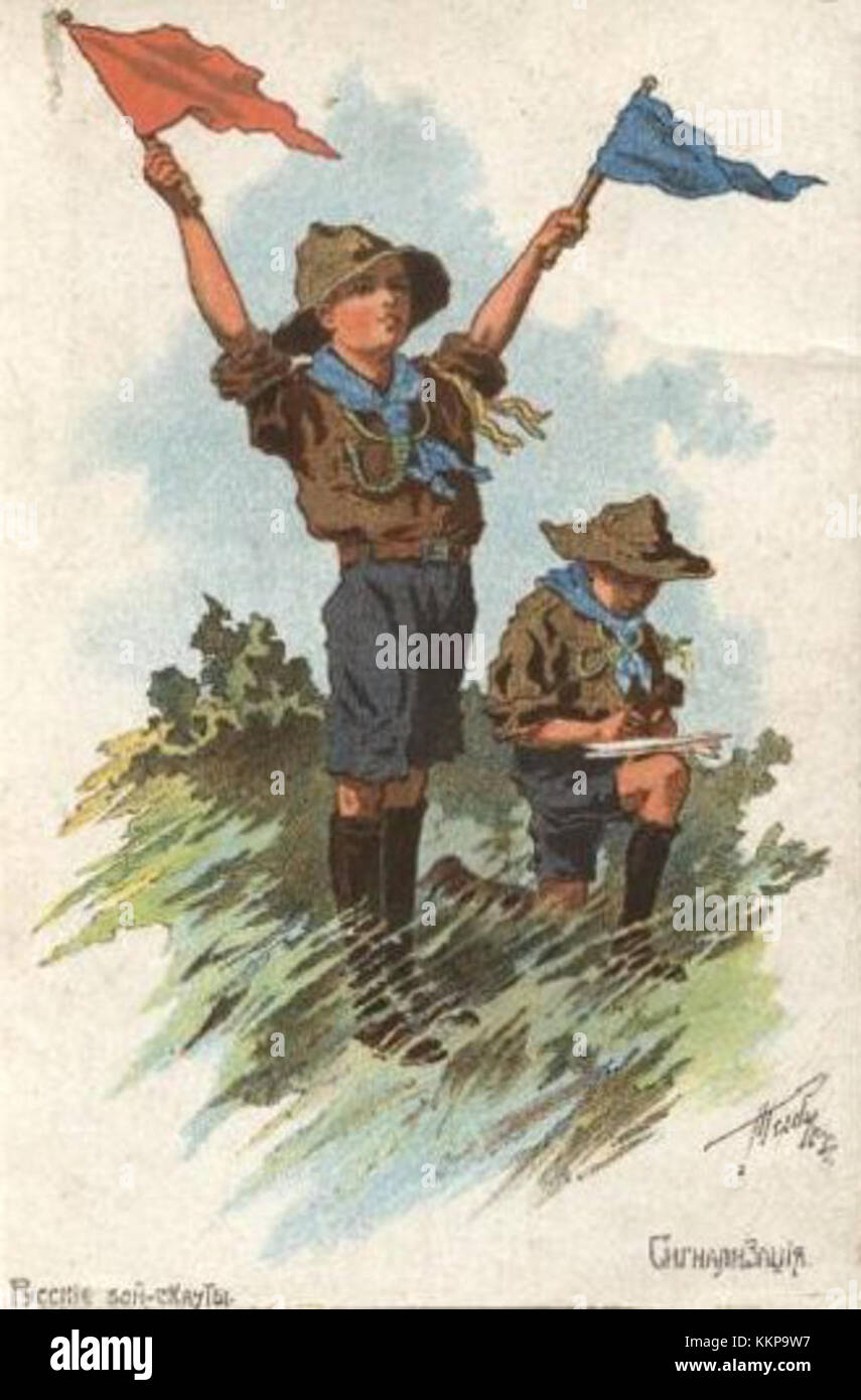 A 1915 postcard depicting Russian Boy Scouts signaling, showcasing ...