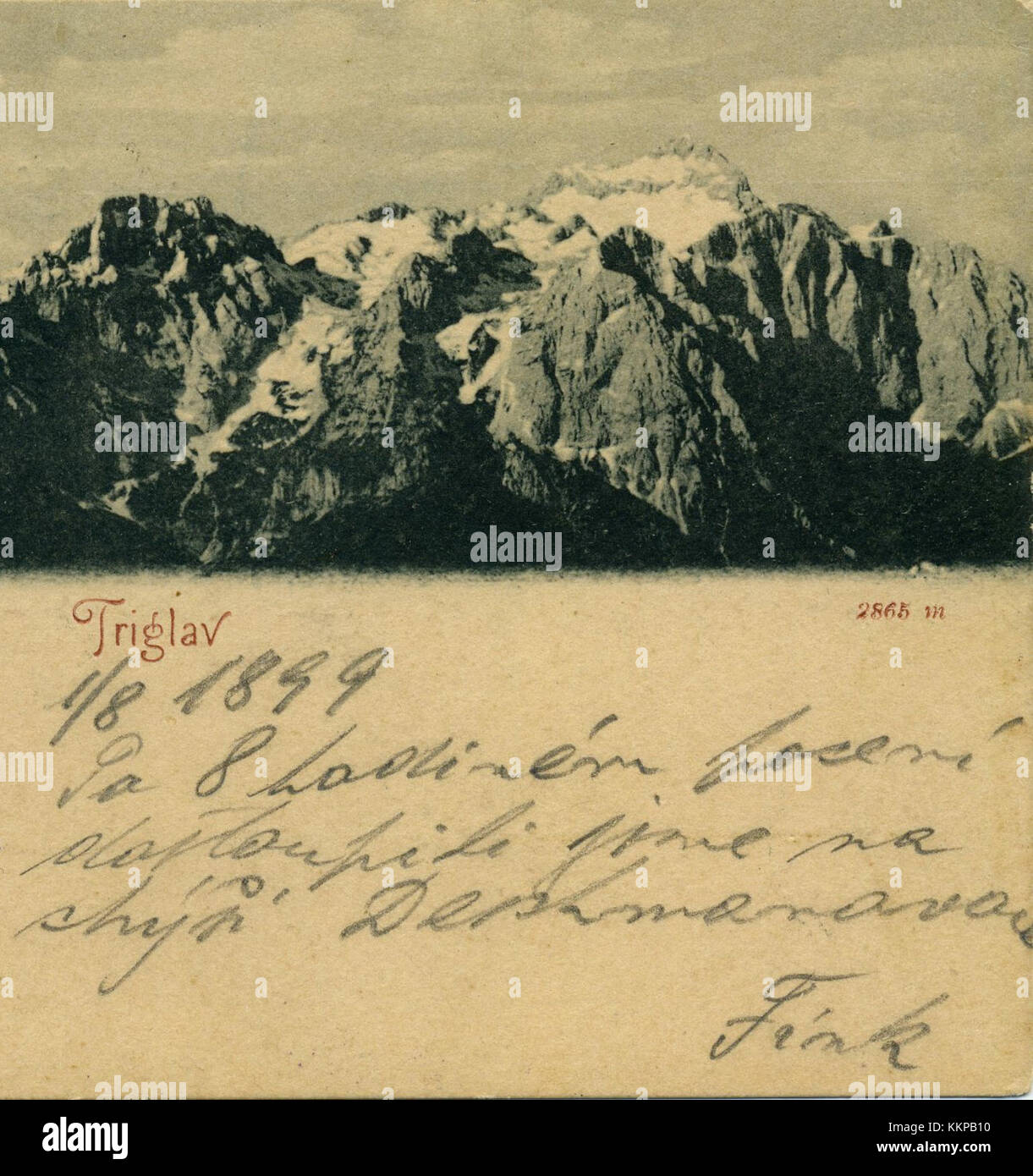 A vintage postcard from 1899 depicting Mount Triglav, the highest peak ...