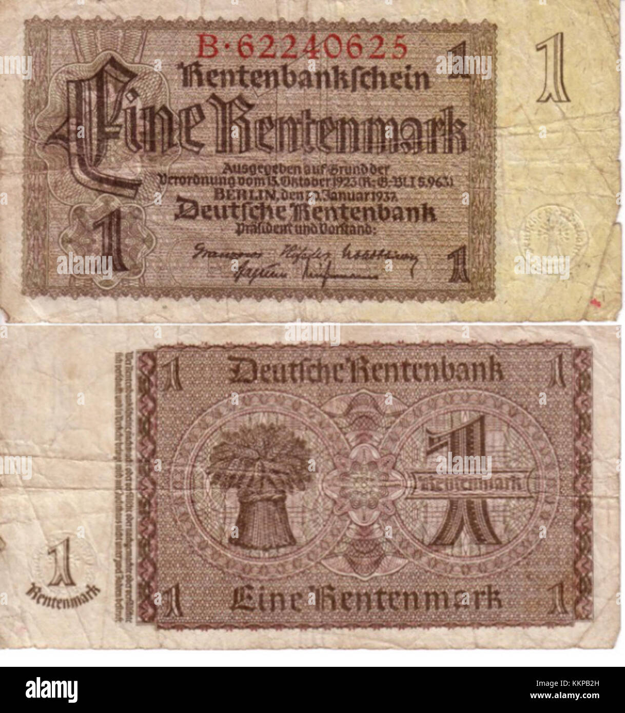 The 1 Rentenmark issued in 1937 is a historical German currency note ...