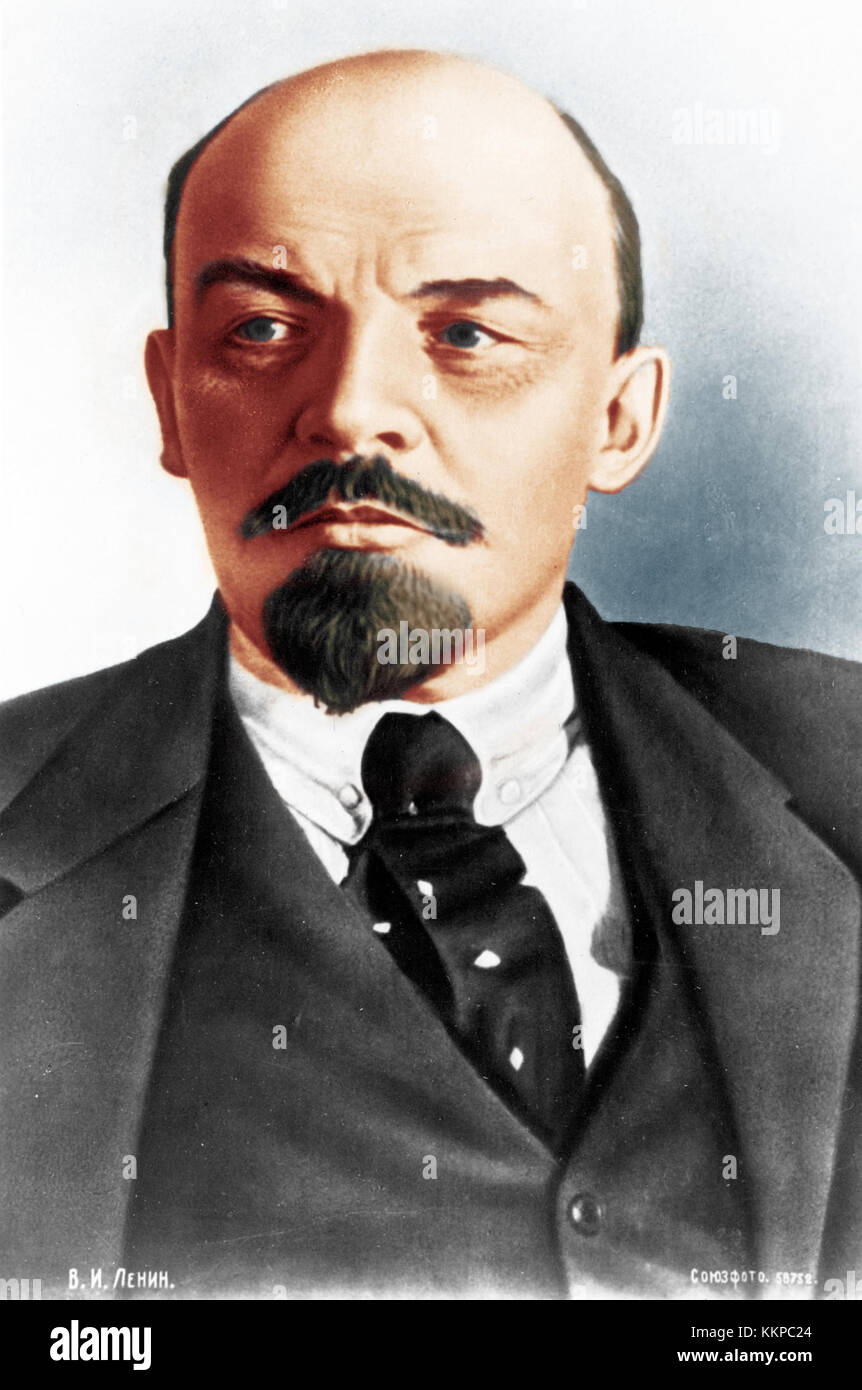 A colorized photograph of a statue of Lenin, symbolizing the historical ...