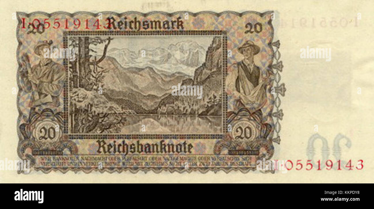 Image of a 20 Reichsmark banknote from 1948, featuring a stamp affixed ...