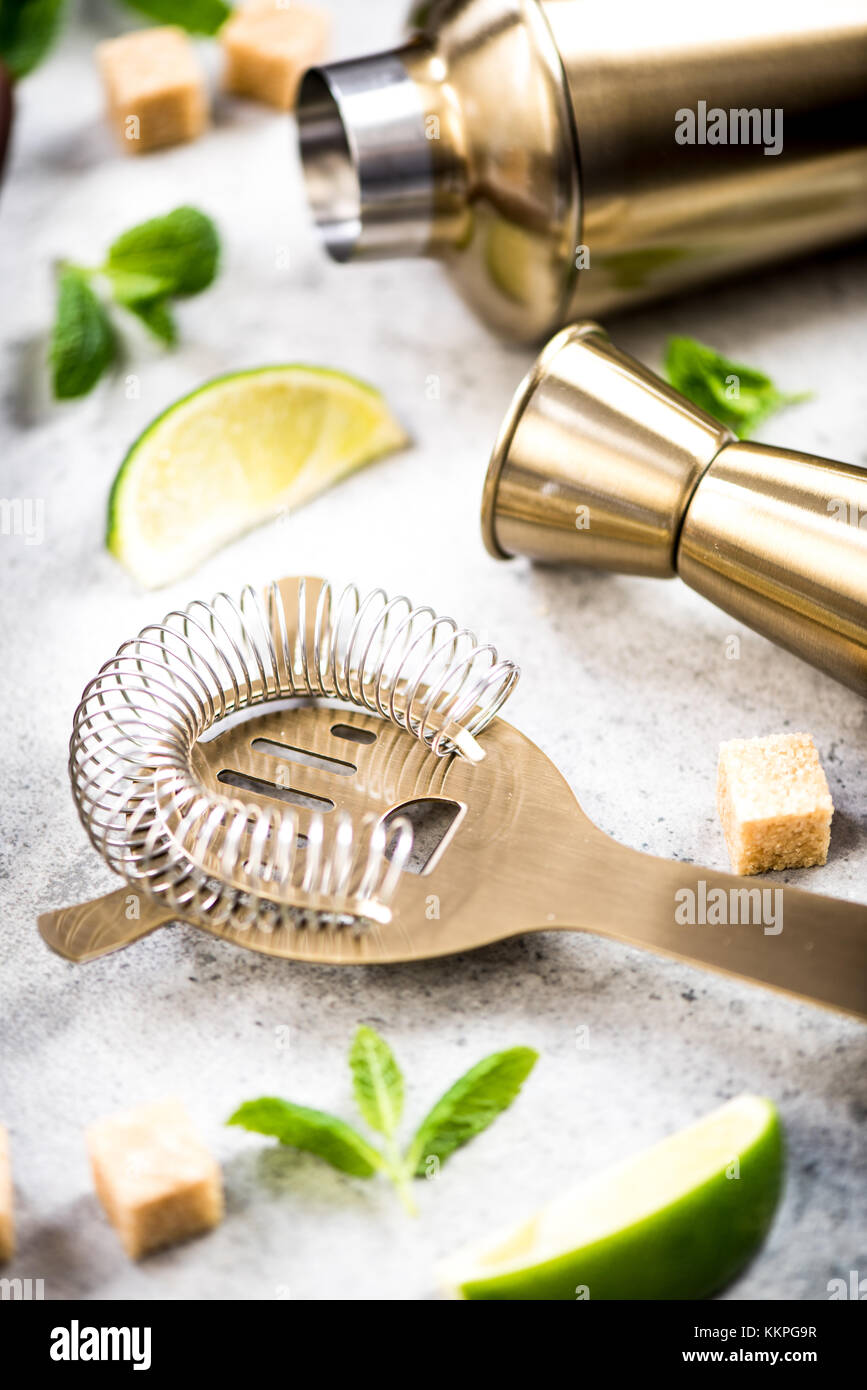 Ingredients for making drinks and cocktails. Bartender tools Stock ...