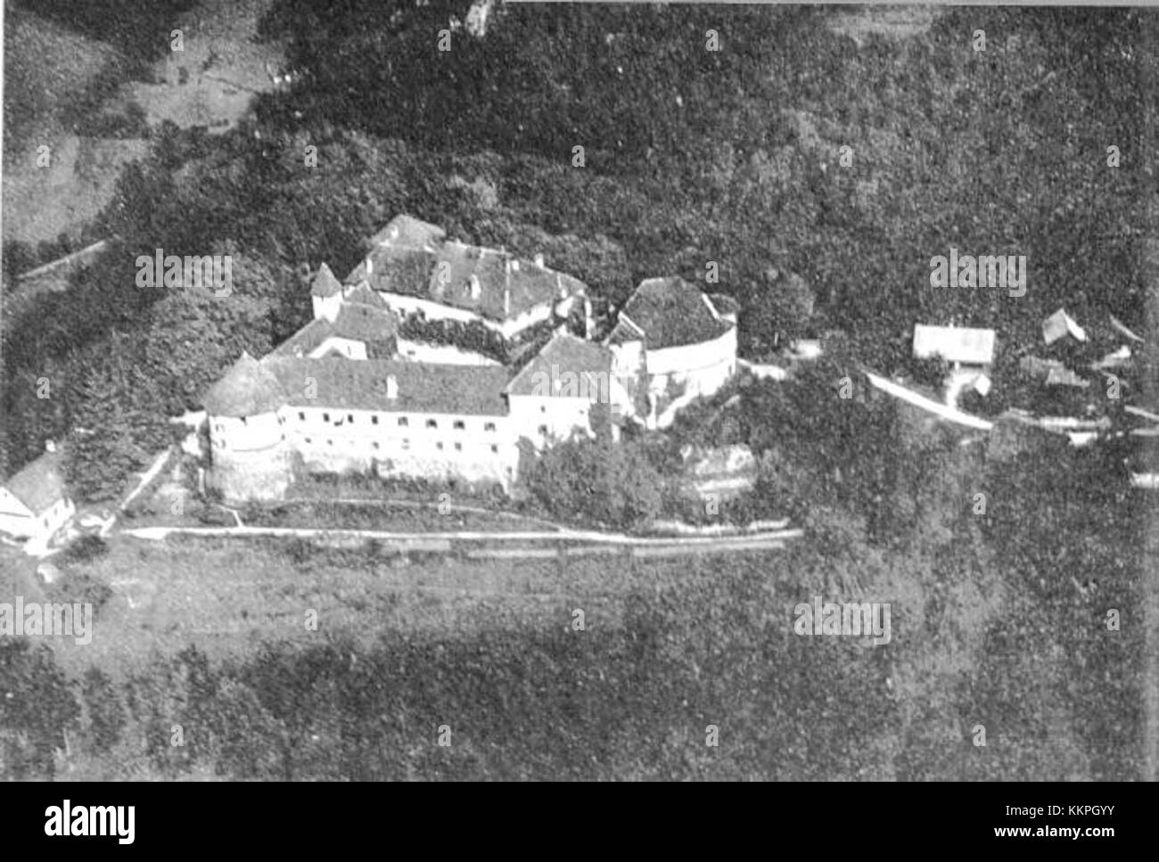 Turjak Castle, located in Slovenia, is shown in a historical photograph ...