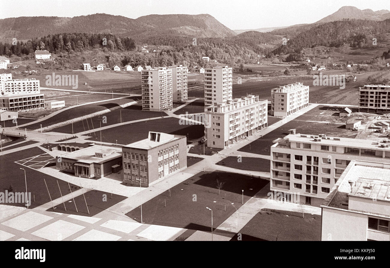 A photograph depicting the mining settlement of Velenje, Slovenia, in ...