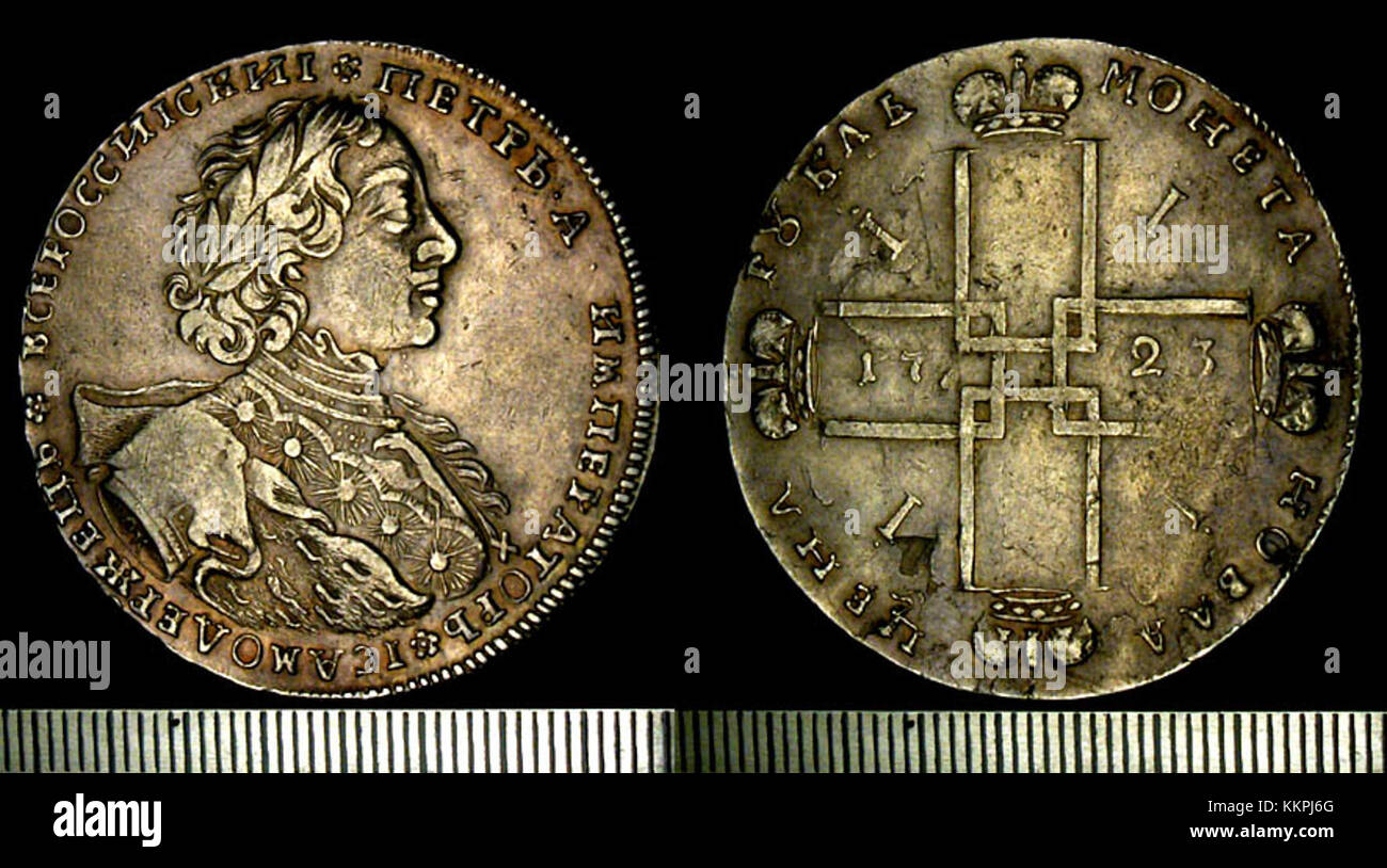 A 1723 Russian ruble, a historical currency note, showcasing the design ...