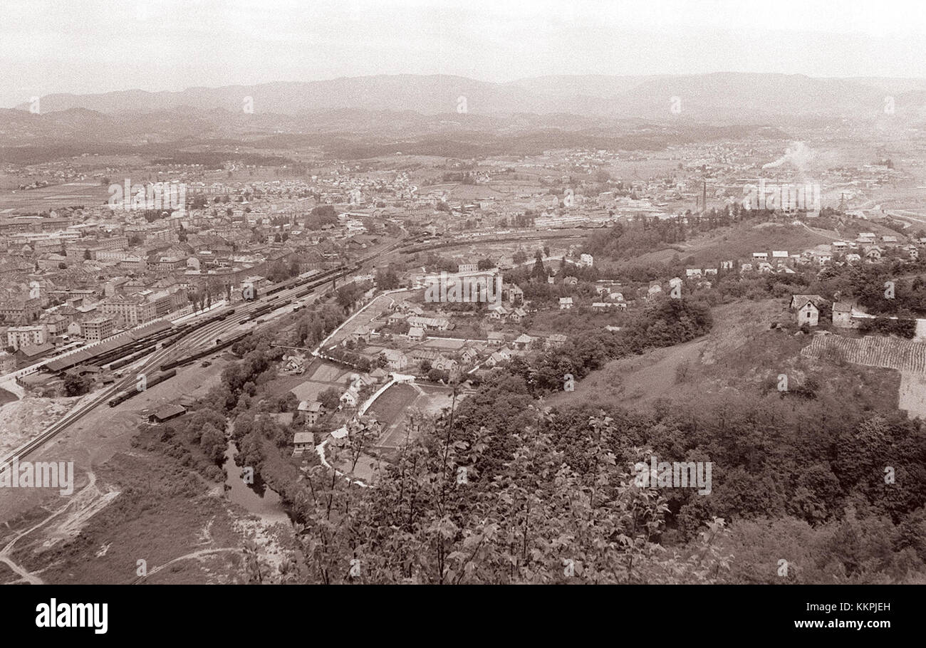 This panorama photograph from 1960 shows the city of Celja, Slovenia ...