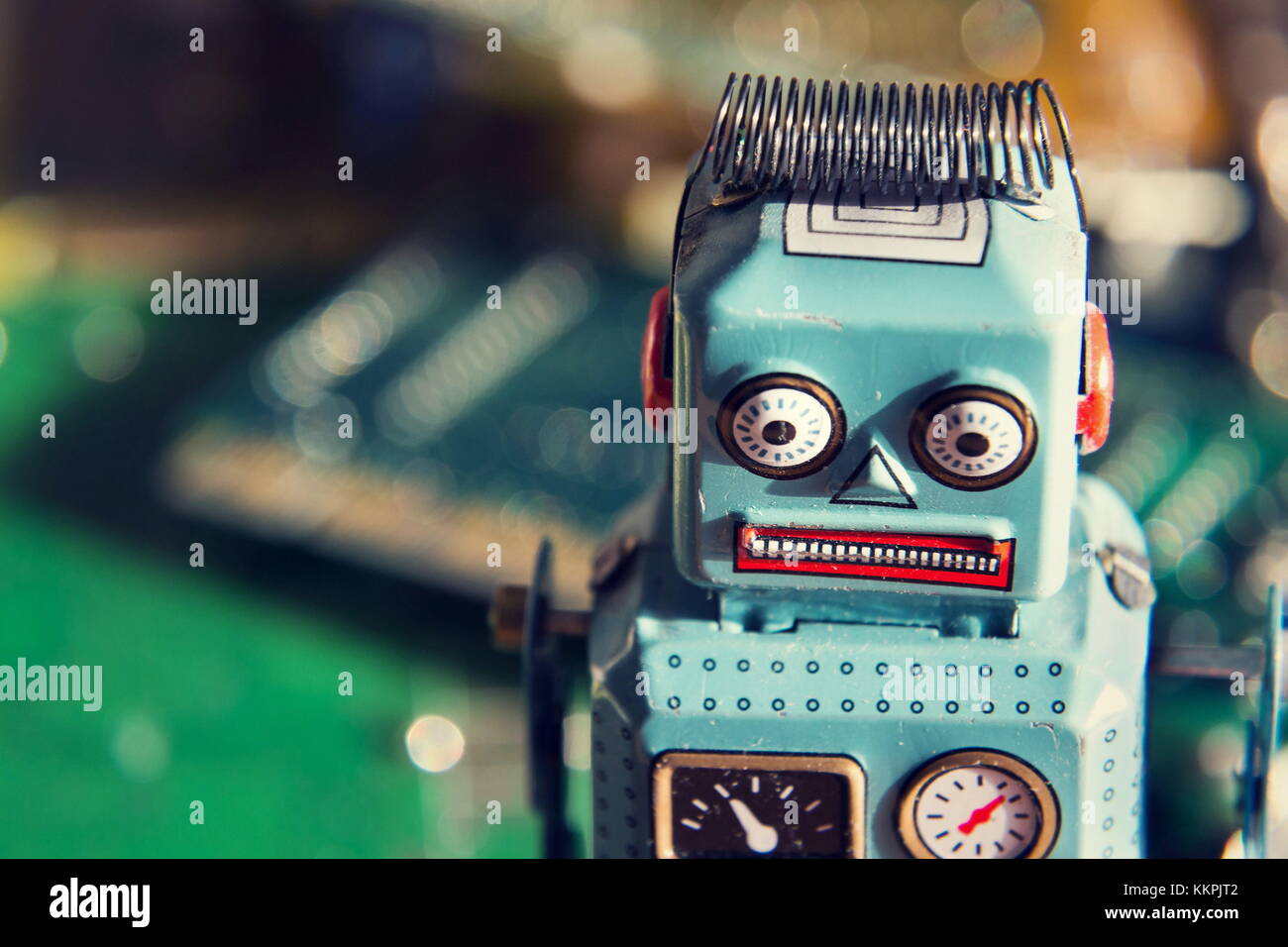 Vintage tin toy robot with computer board, artificial intelligence ...