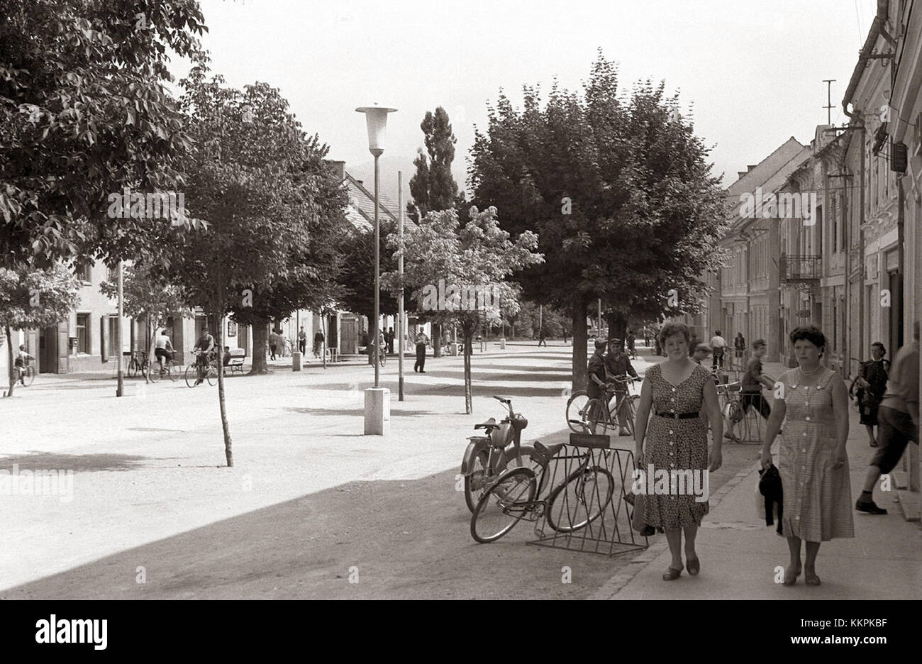 A photograph from 1958 depicting the main street (Glavna ulica) of Slovenj Gradec, Slovenia. It ...