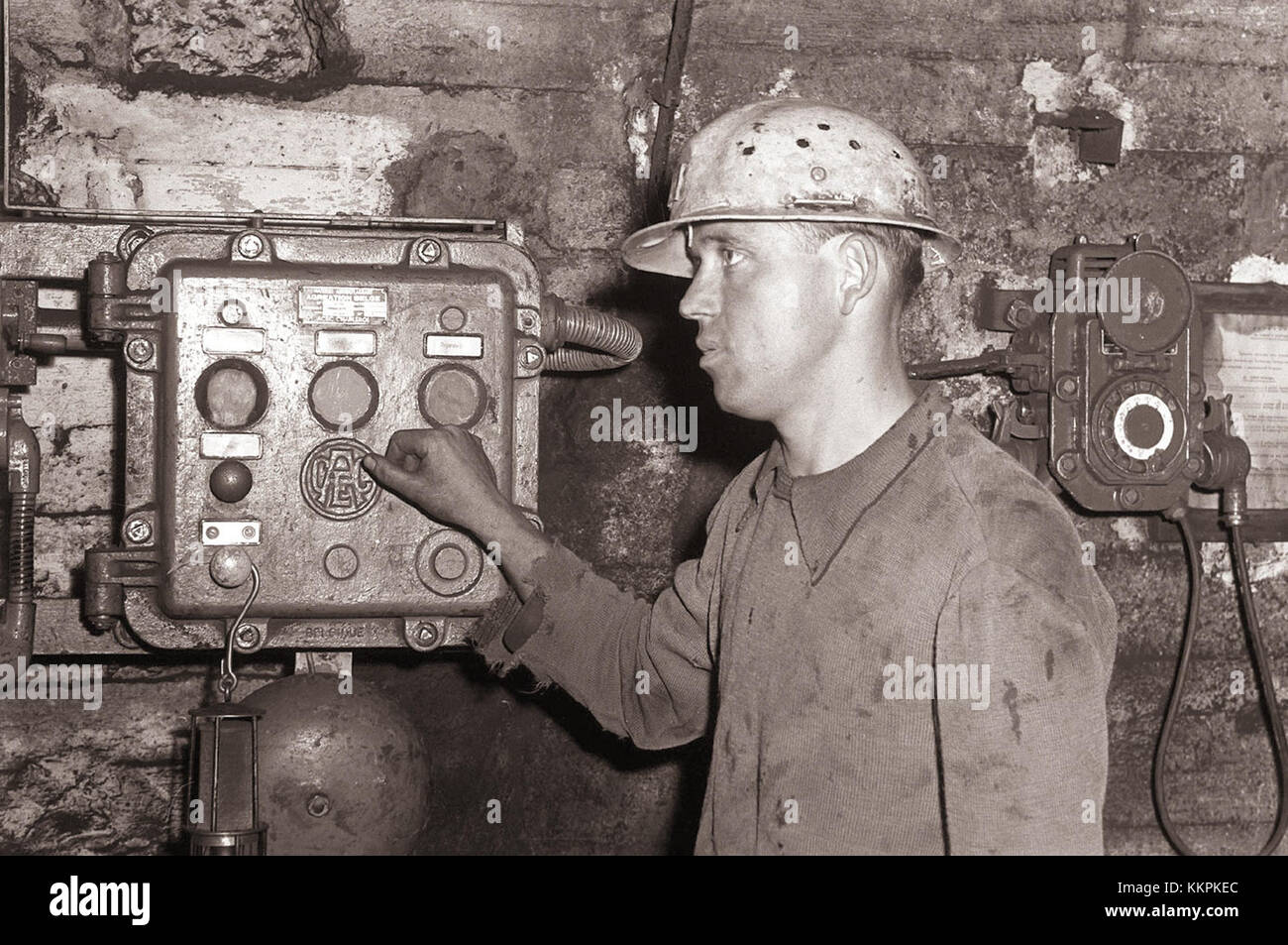 A historical photograph from 1958 showing workers at the Velenje coal ...