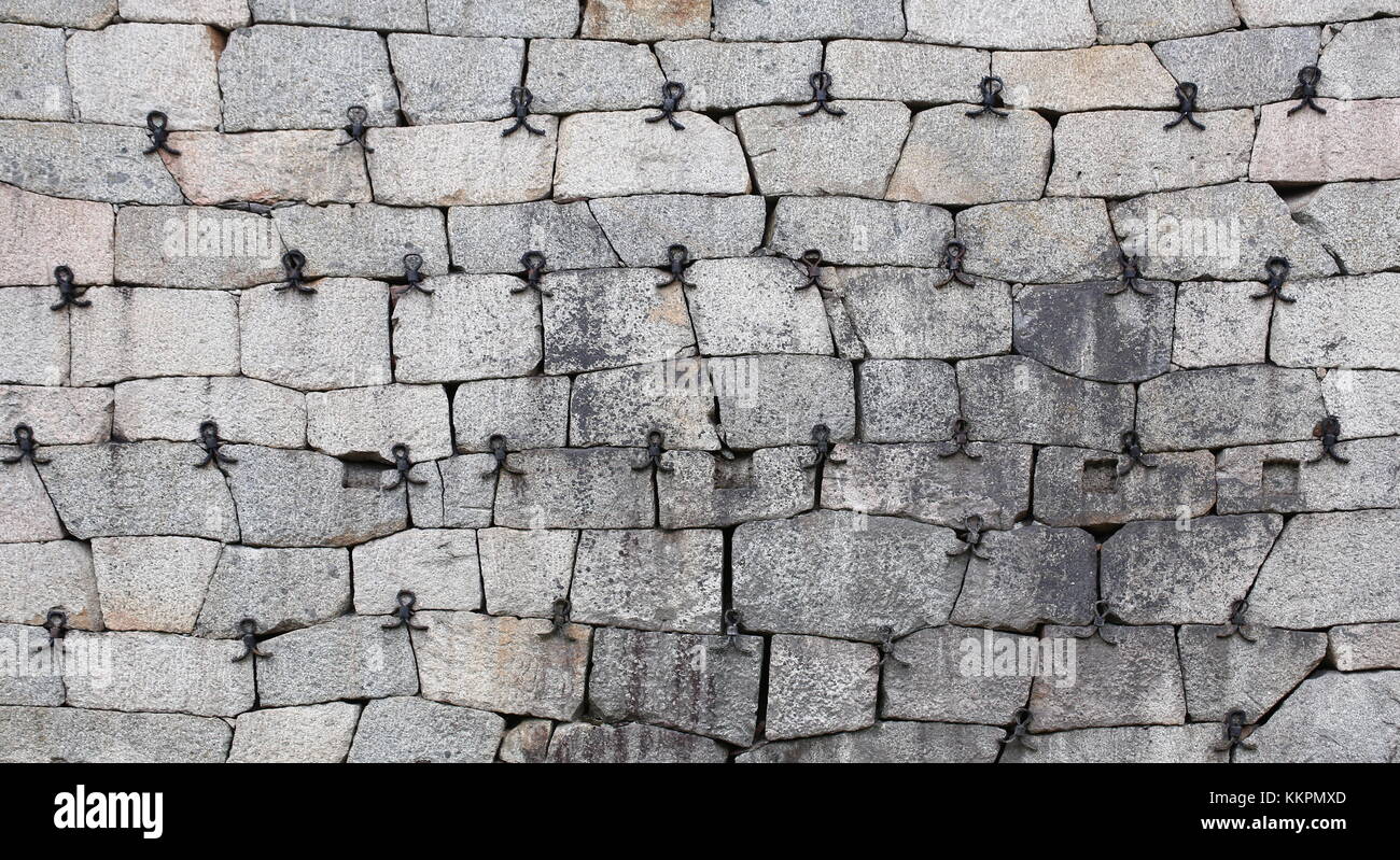 Historic fieldstone wall reinforced with wrought iron parts Stock Photo ...
