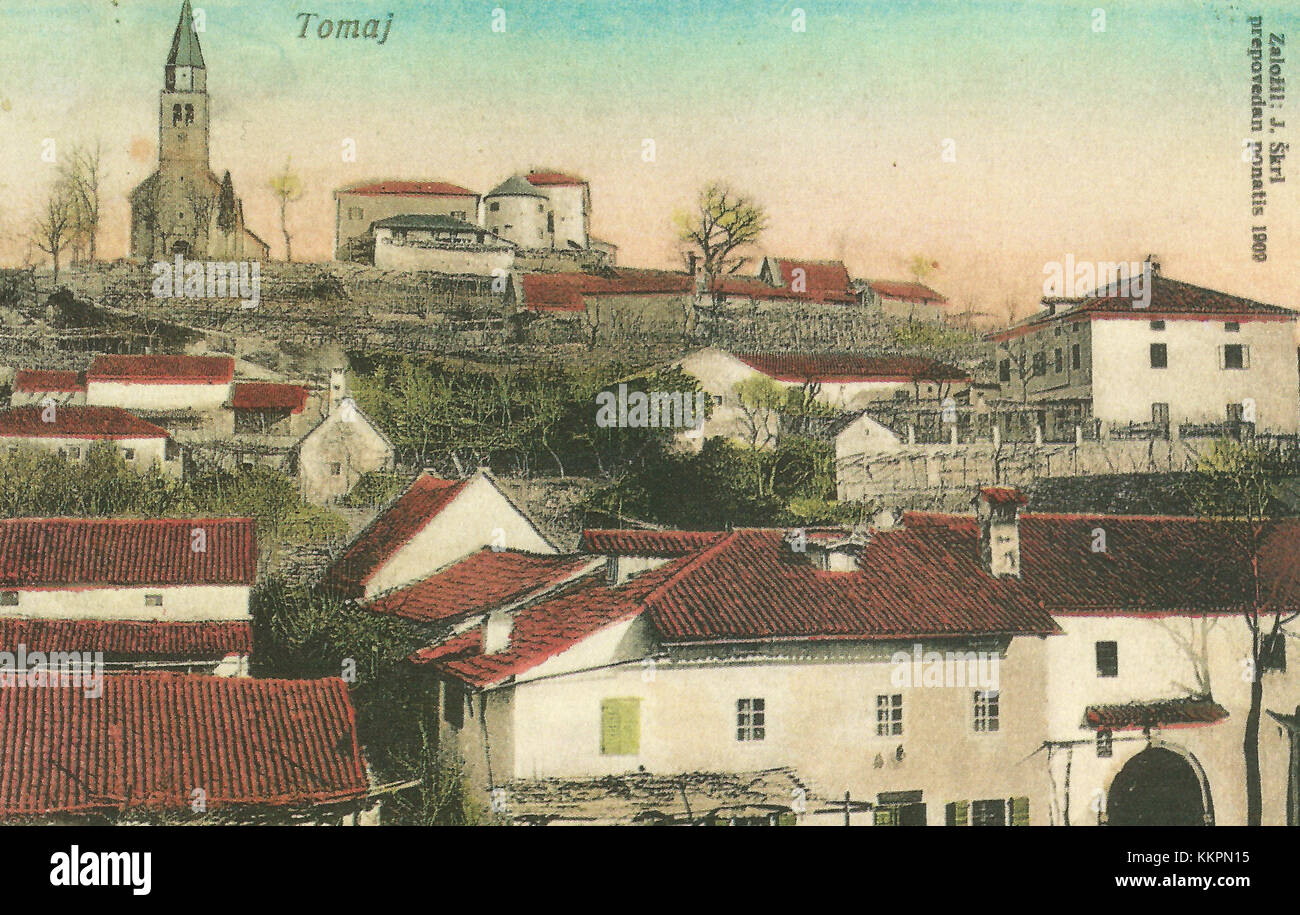 A vintage postcard from 1909 depicting Tomaj, a small town in Slovenia ...