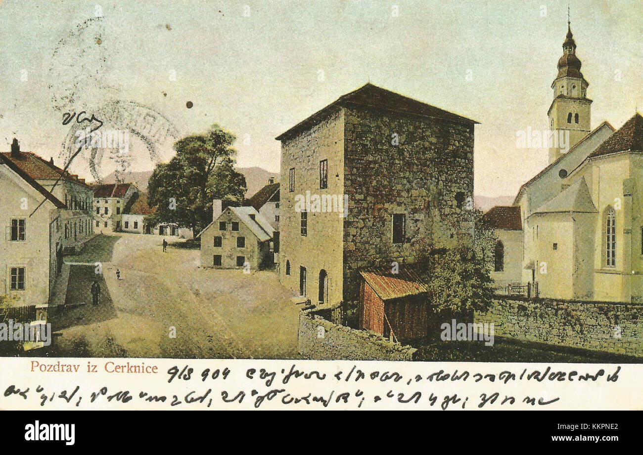 A vintage postcard from 1904 depicting Cerknica, Slovenia. The image ...