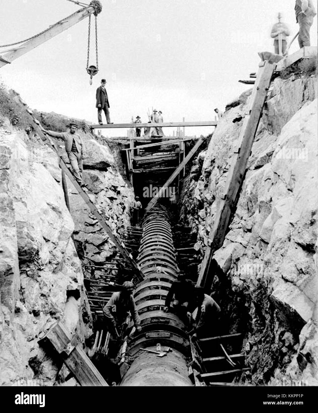This image from 1913 shows an early example of sewage systems ...