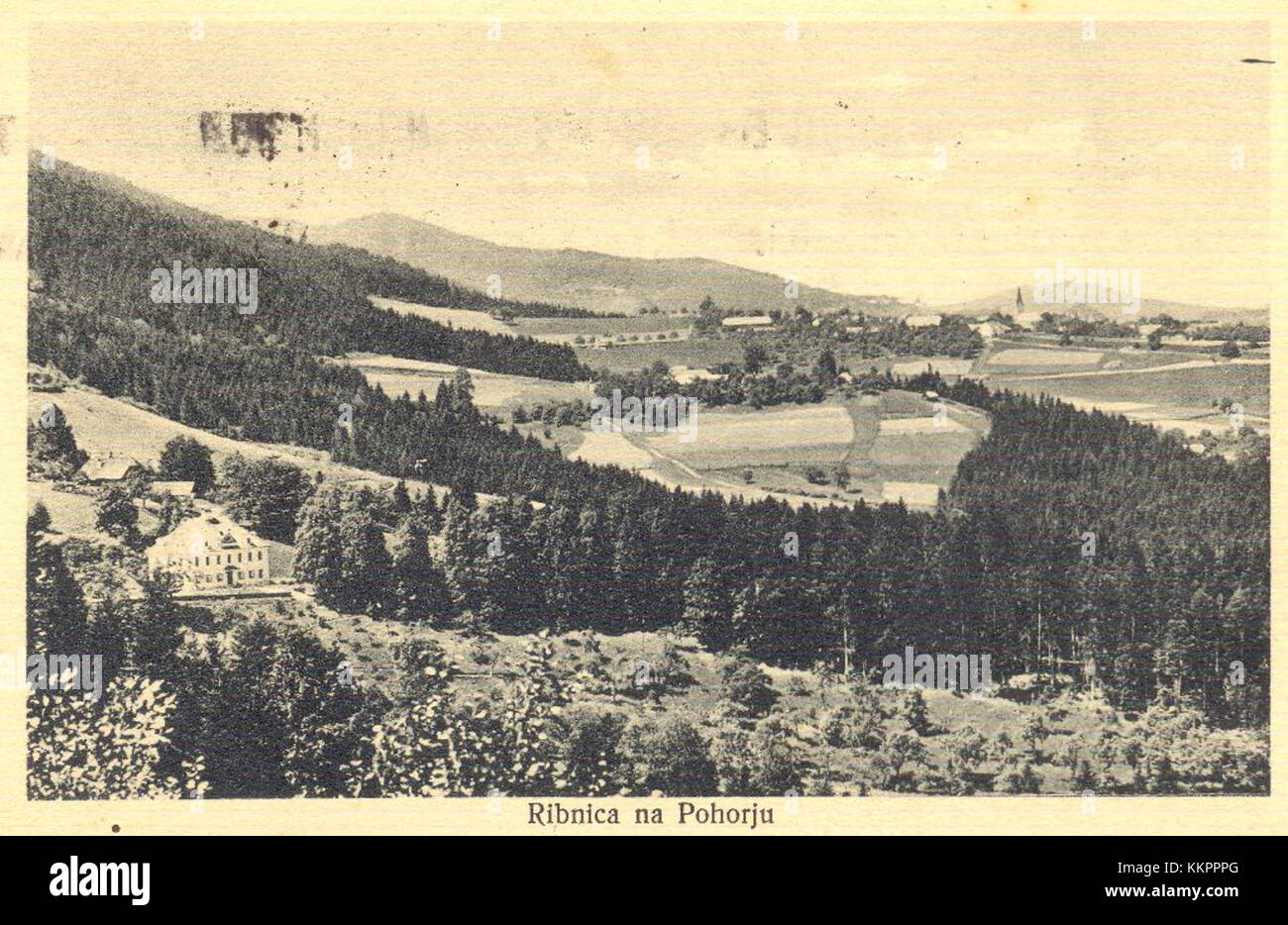 Postcard of Ribnica na Pohorju, a town in Slovenia, from 1945. The ...