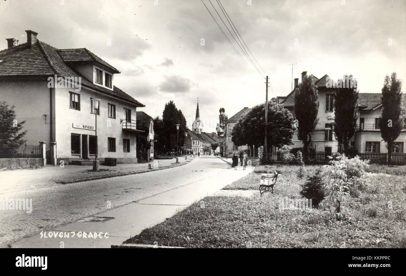 This 1950 postcard features an image of Slovenj Gradec, a town in Slovenia. The image showcases ...