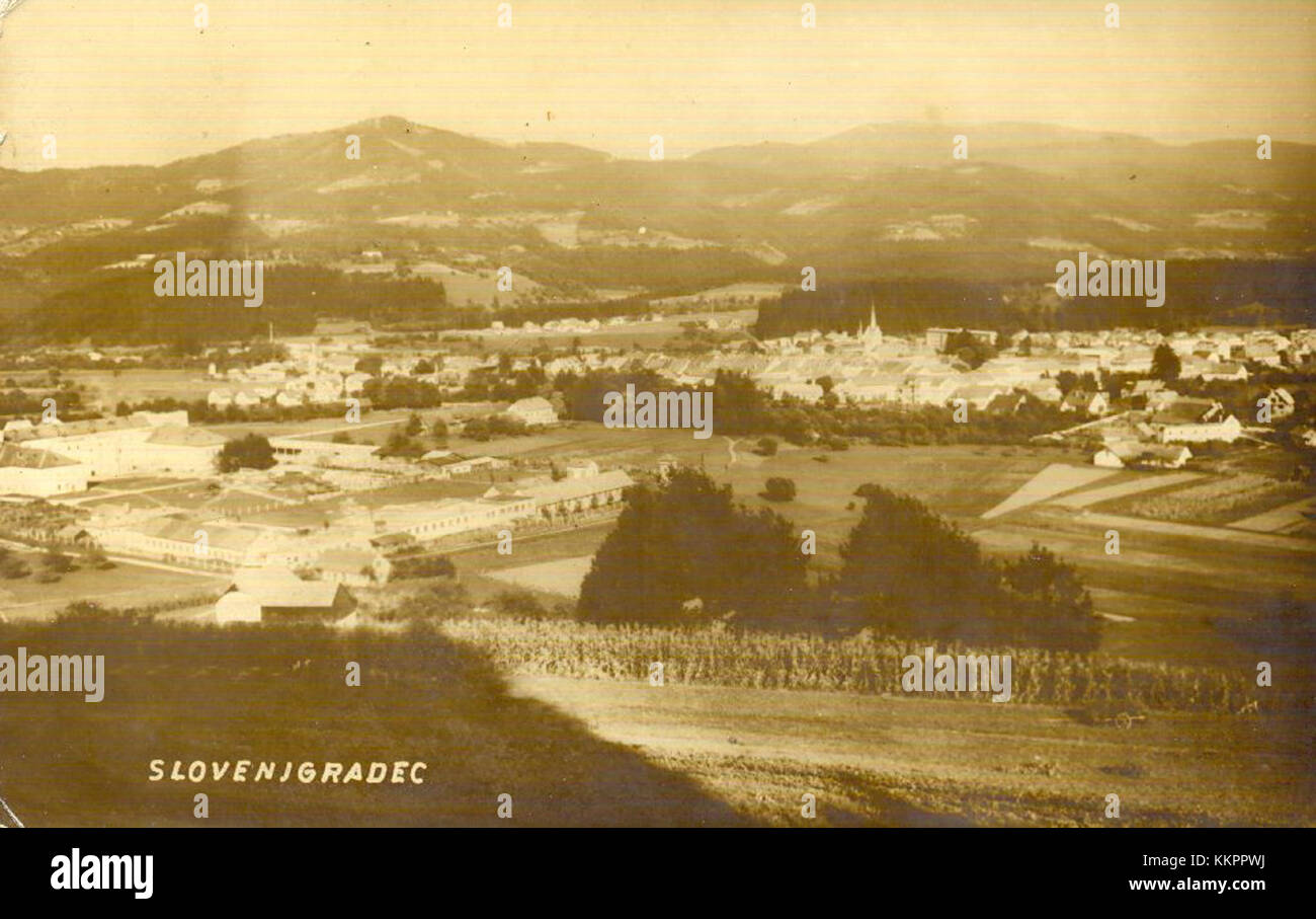 This vintage postcard from Slovenj Gradec, Slovenia, depicts a scenic view of the town as it ...