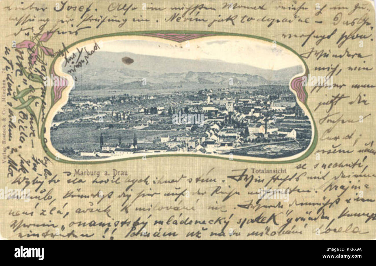 A 1902 postcard depicting Maribor, a city in Slovenia, showcasing the ...