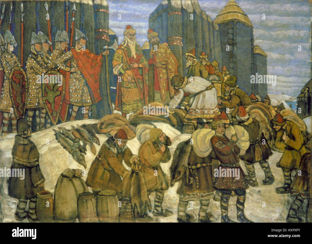 A depiction of a Russian prince receiving tribute, captured in an ...