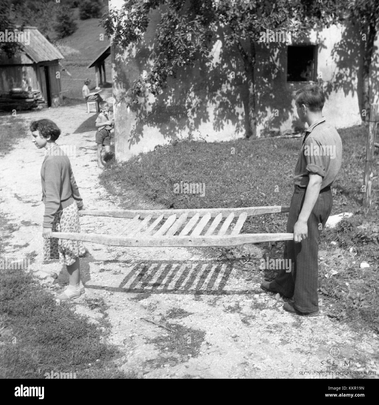 The image shows a traditional manure carrier (Trage) used in rural ...