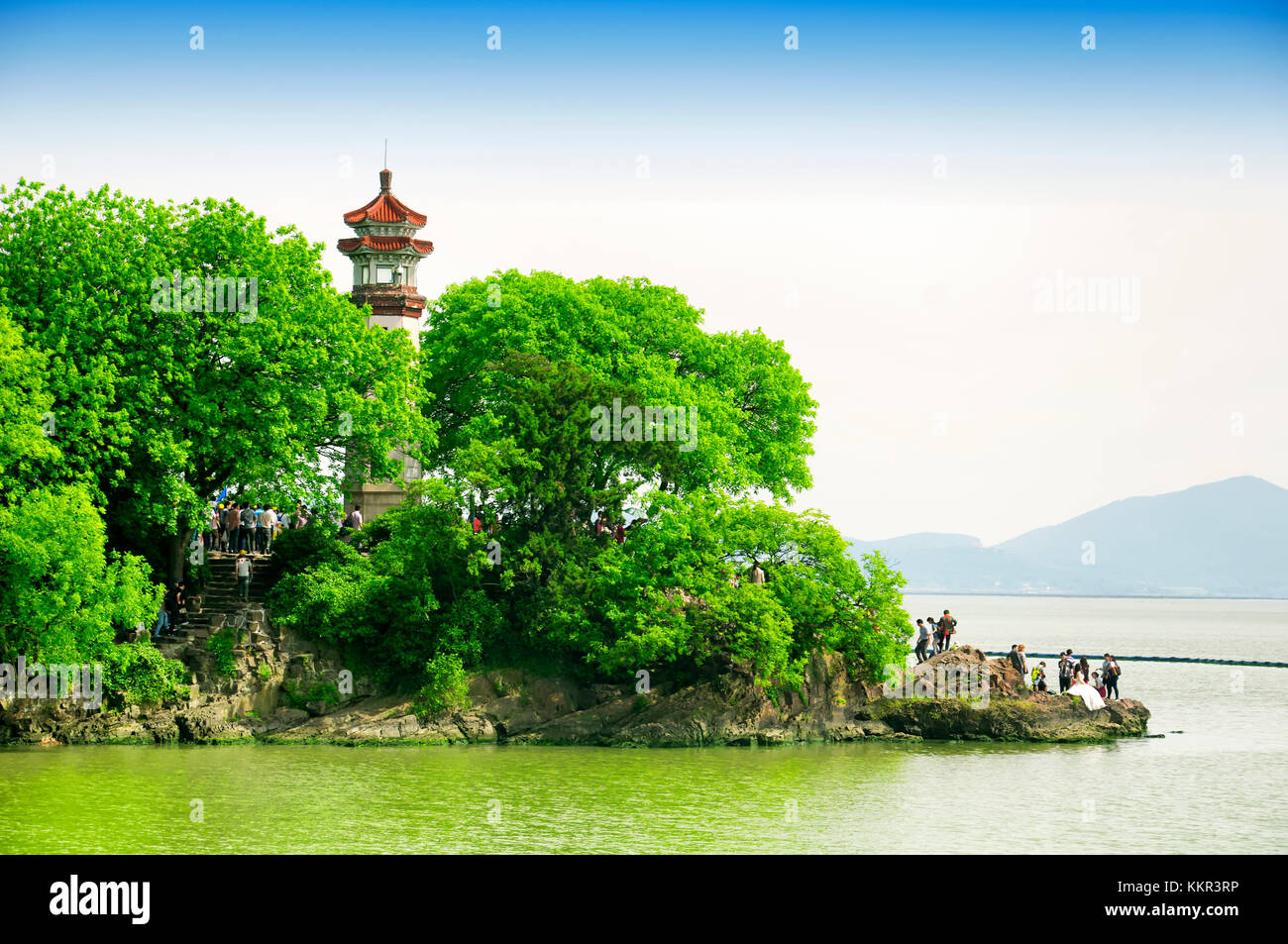 May 16, 2015. Tai Lake Wuxi, China. Chinese crowds on a peninsula on on Turtle Head Island ...