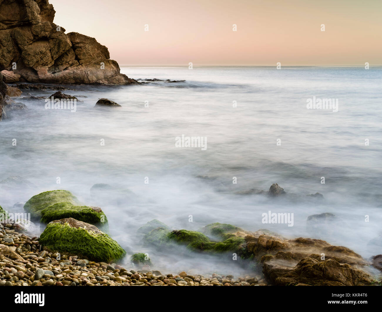 Morning mood at Costa Brava with algae-covered rocks Stock Photo - Alamy