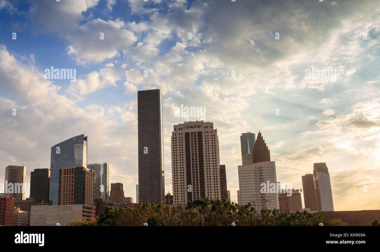 Downtown Houston, Texas at sunset with tall buildings and skyscrapers ...