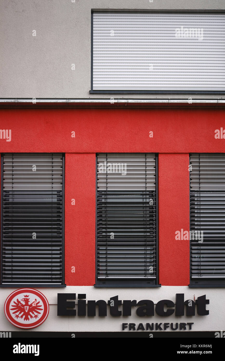 Coats of arms of the sports Eintracht Frankfurt on the facade of a club ...