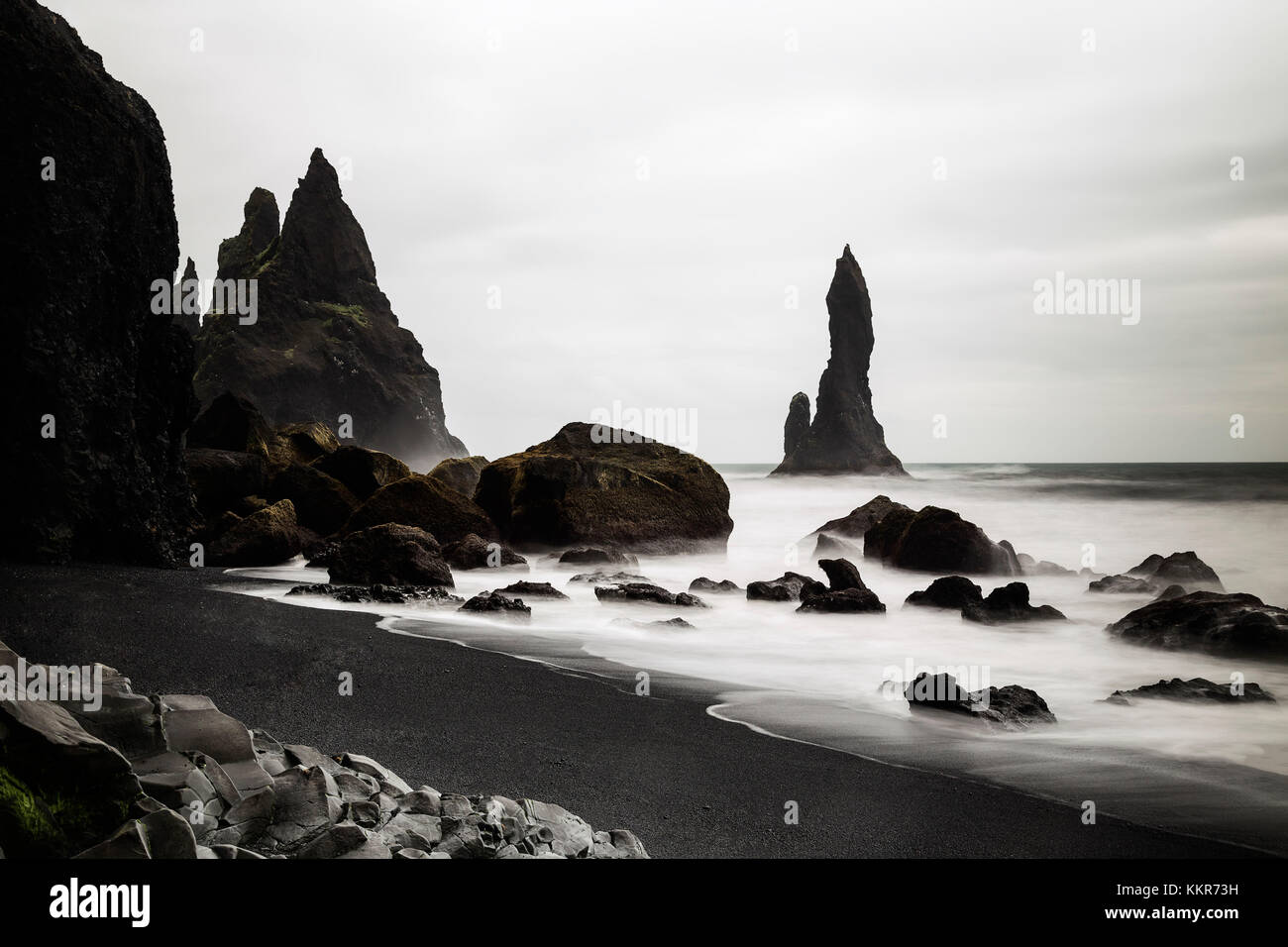 Rocks and Black Sand Beach, Vik I Myrdal, Iceland, North Atlantic Ocean ...