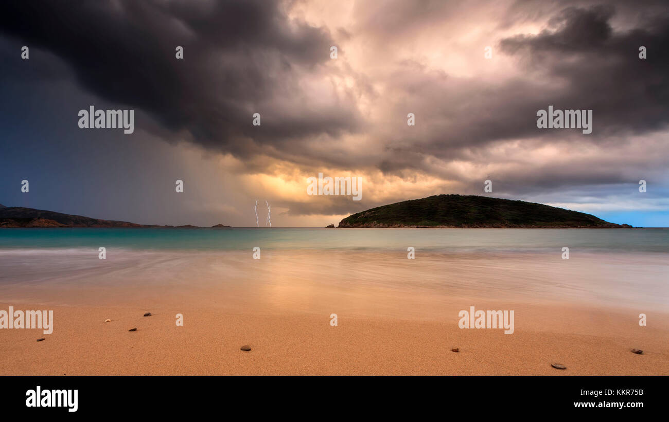 Tuerredda sunset before the thunderstorm, Teulada, Sardinia, Italy ...