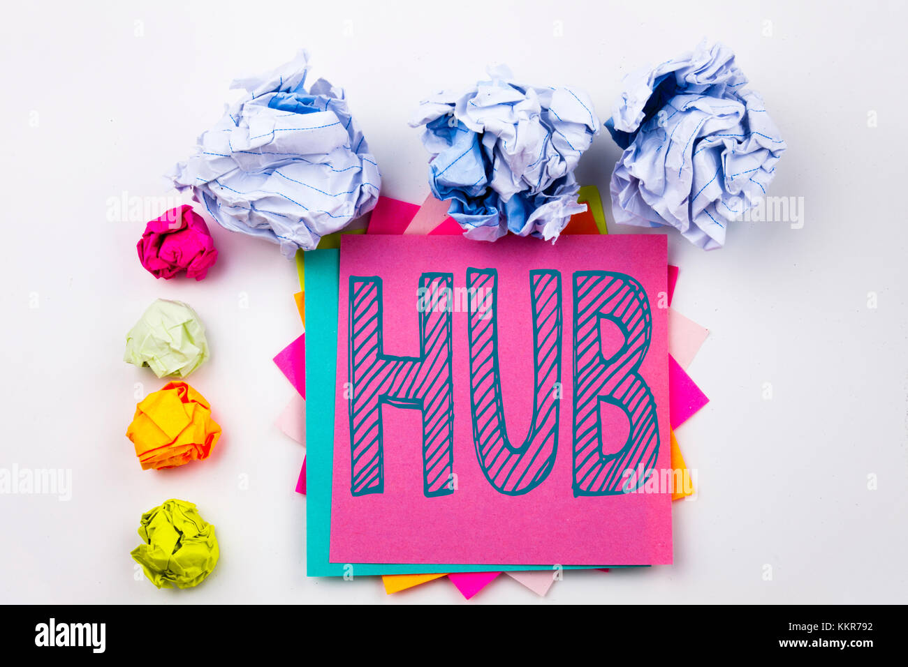 Writing text showing HUB written on sticky note in office with screw ...