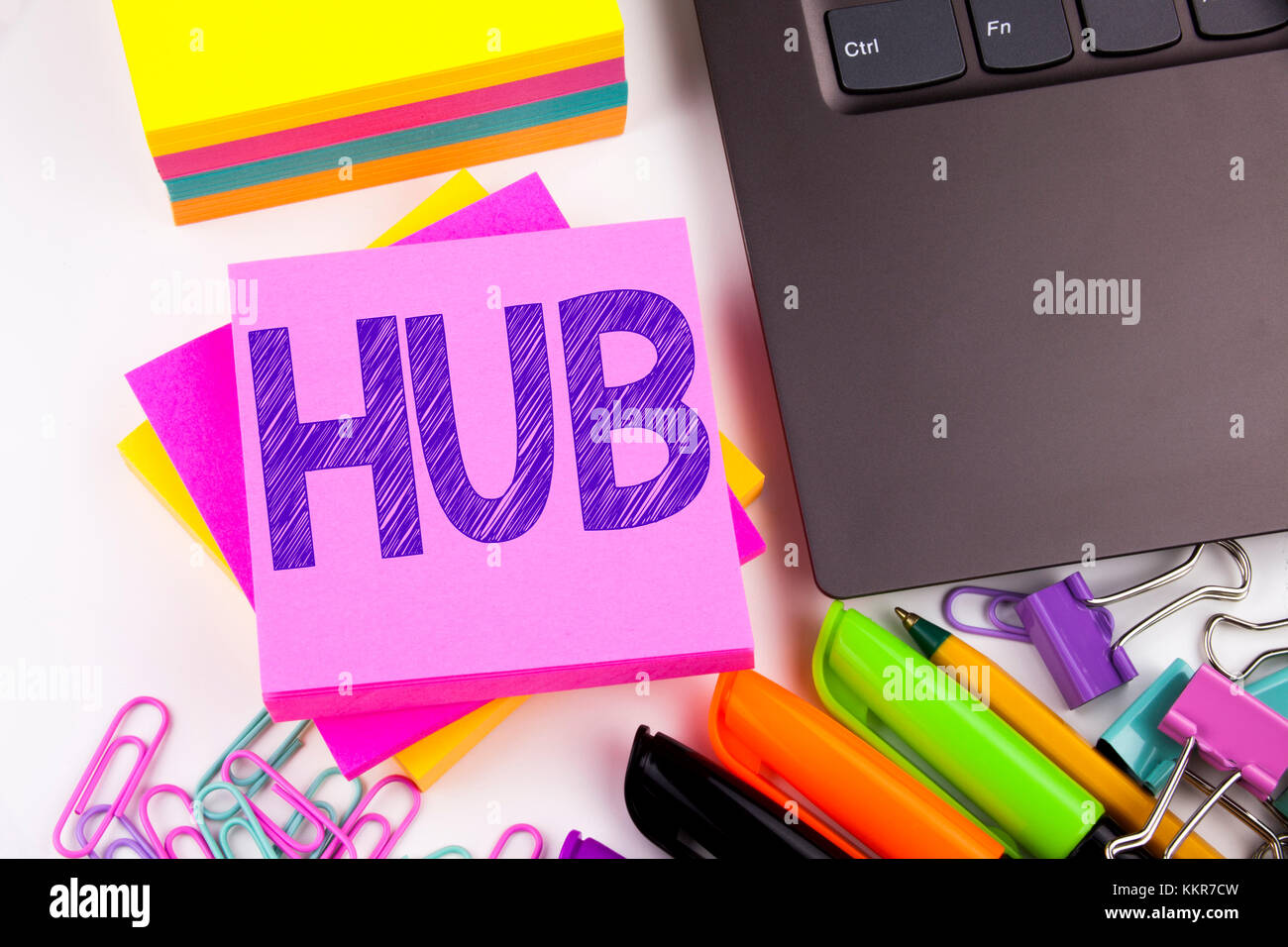 Writing text showing HUB made in the office with surroundings such as ...