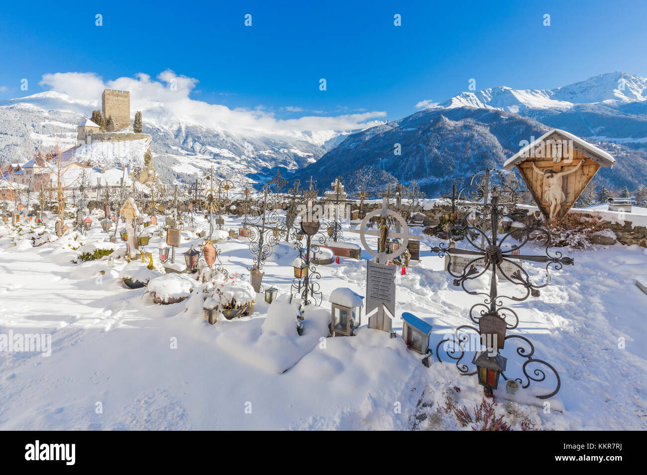 Ladis cemetery with the castle behind. In the background view of ...