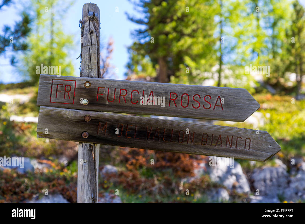 Trail signs along the path to mount Croda del Vallon Bianco,San Vigilio ...
