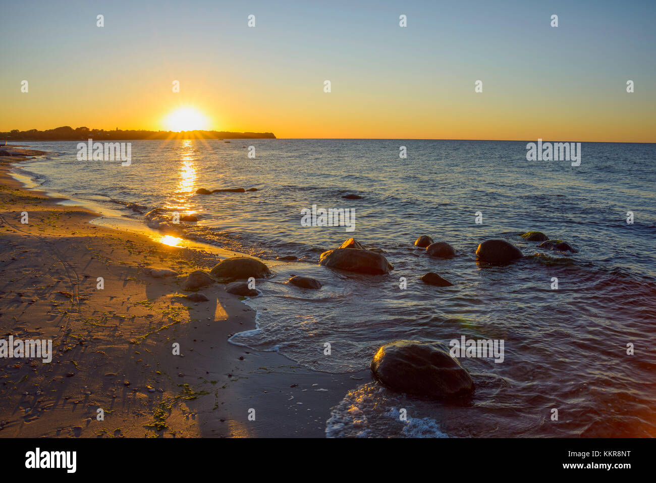 Beach at sunset in summer, Dronningmolle, Hovedstaden, Baltic Sea ...