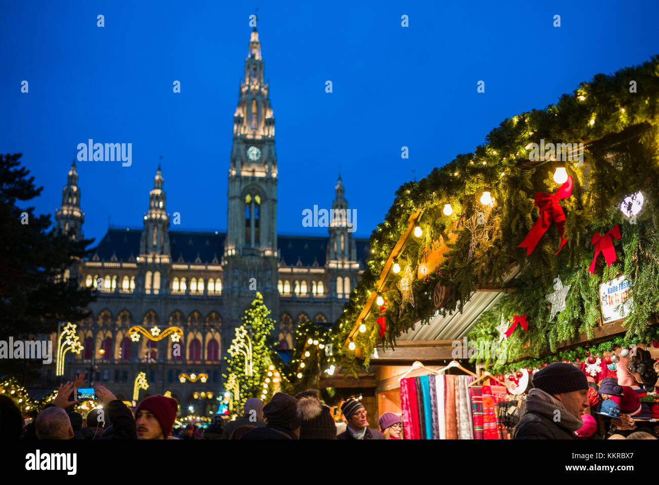 Austria, Vienna, Rathausplatz Christmas Market by Town Hall, evening ...