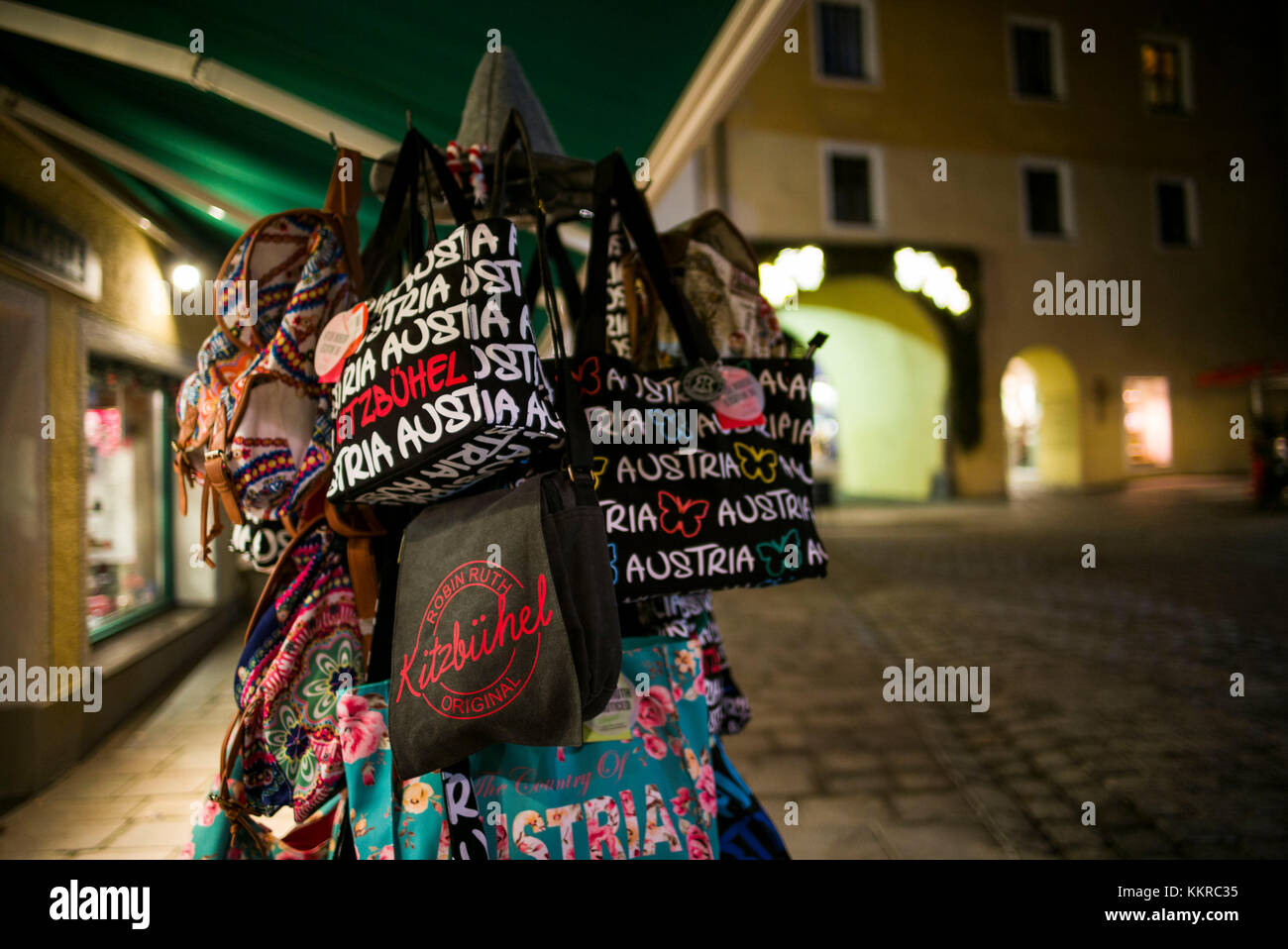 Austria, Tyrol, Kitzbuhel, souvenir bags Stock Photo - Alamy