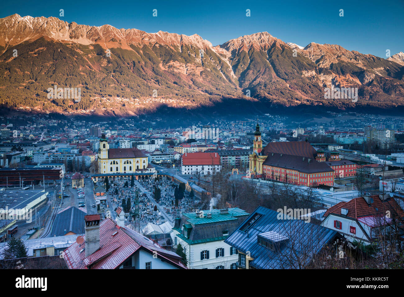 Austria, Tyrol, Innsbruck, elevated city view with the Wilten Basilica ...